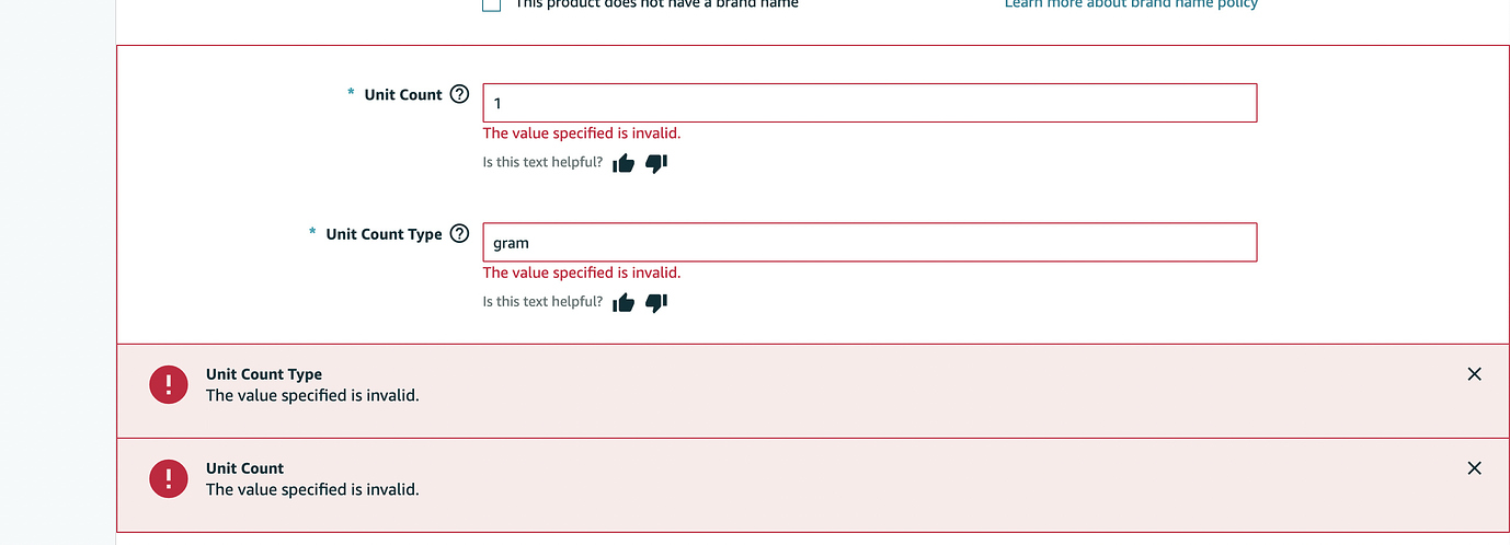 Unit Count Type The value specified is invalid