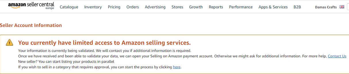 You currently have limited access to Amazon selling services