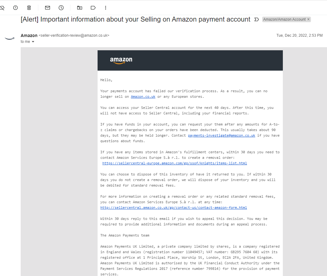 Account Deactivated due to payment account verification faluire