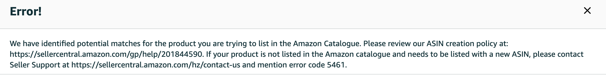New seller - Error Code 5461